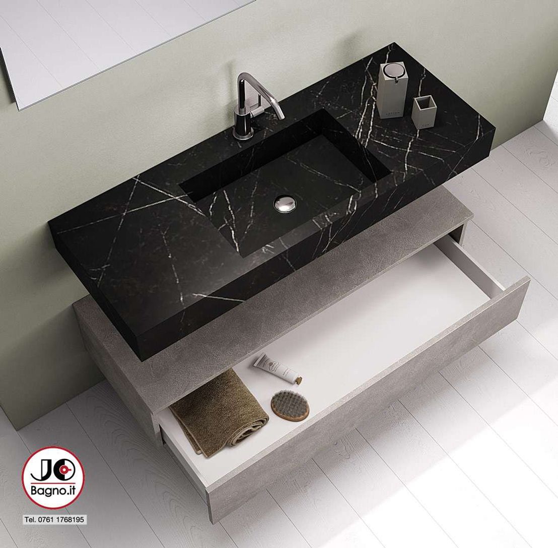Top bagno con lavabo integrato in HPL con cassetto specchio e lampada ...