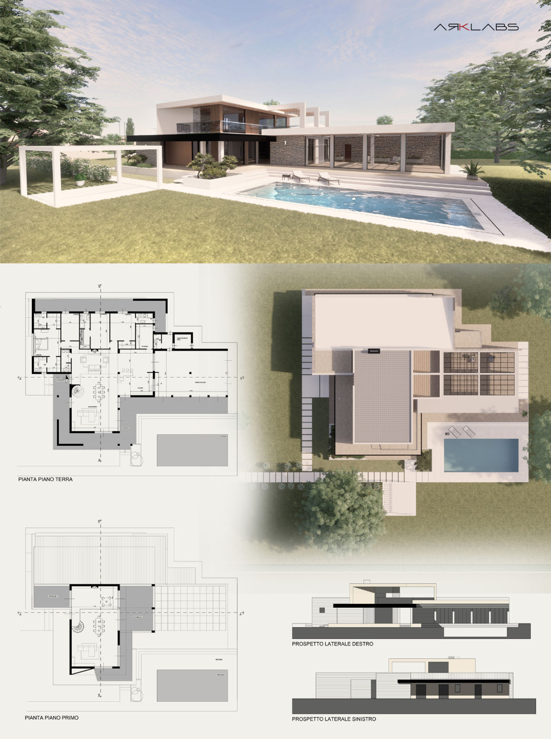 Rendering e pianta di una villa con piscina | homify