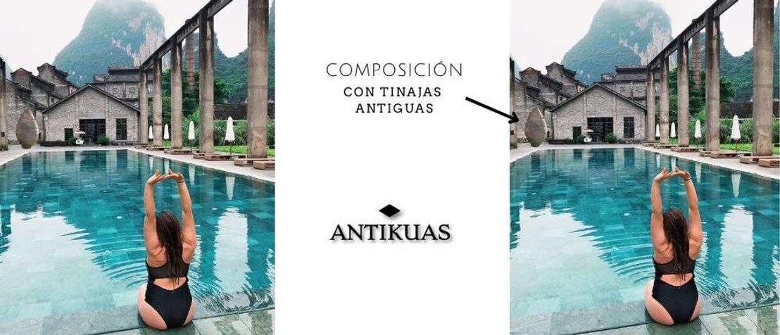 Decoración de entorno de una piscina con Tinaja antigua de grandes ...