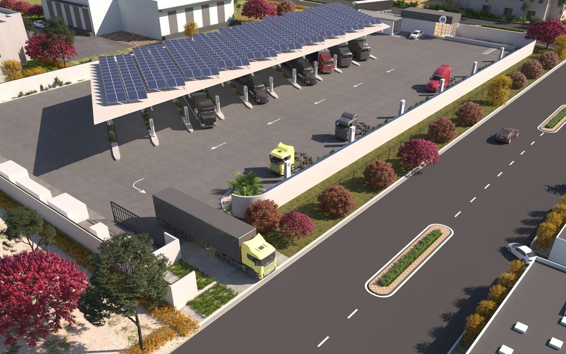 3d visualization of ev charging station with solar roofing system in ...